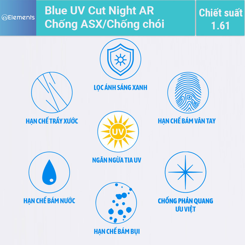 Tròng kính Elements Blue UV Cut Night AR - Chiết suất 1.60